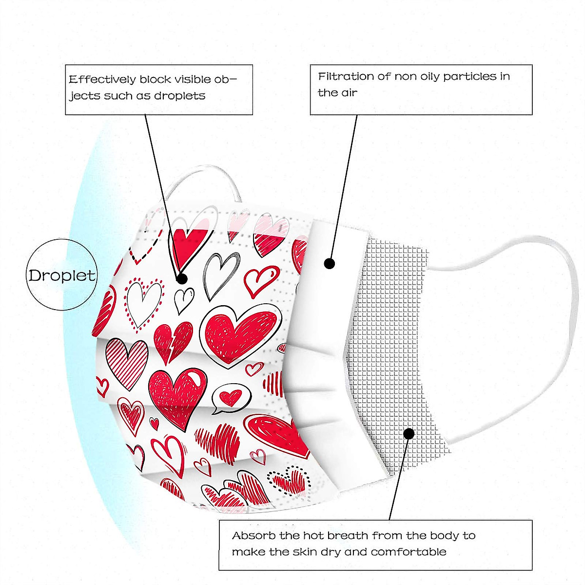 Wtosuhe 50PC Adults Valentines Day Disposable FaceMasks with Pink Black Love Heart Designs, 3-Ply Holiday_ Mask with Nose Wire for Women Men