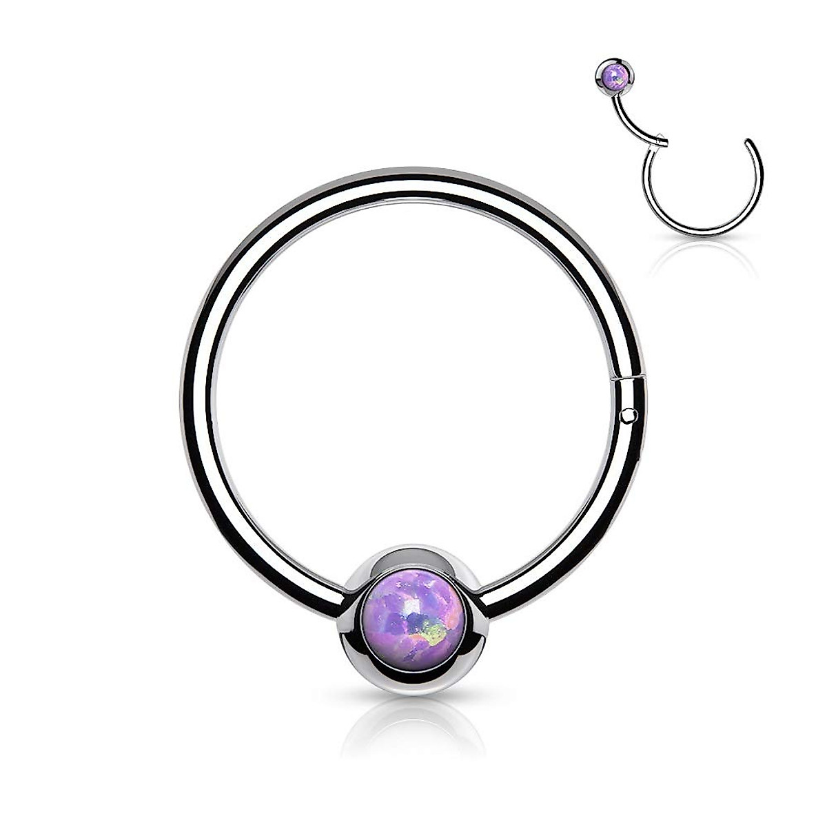 Pierced Owl 16GA Stainless Steel Synthetic Opal Ball Cartilage Helix Daith Septum Hinged Segment Ring (Silver Tone/Purple, 10mm Diameter)