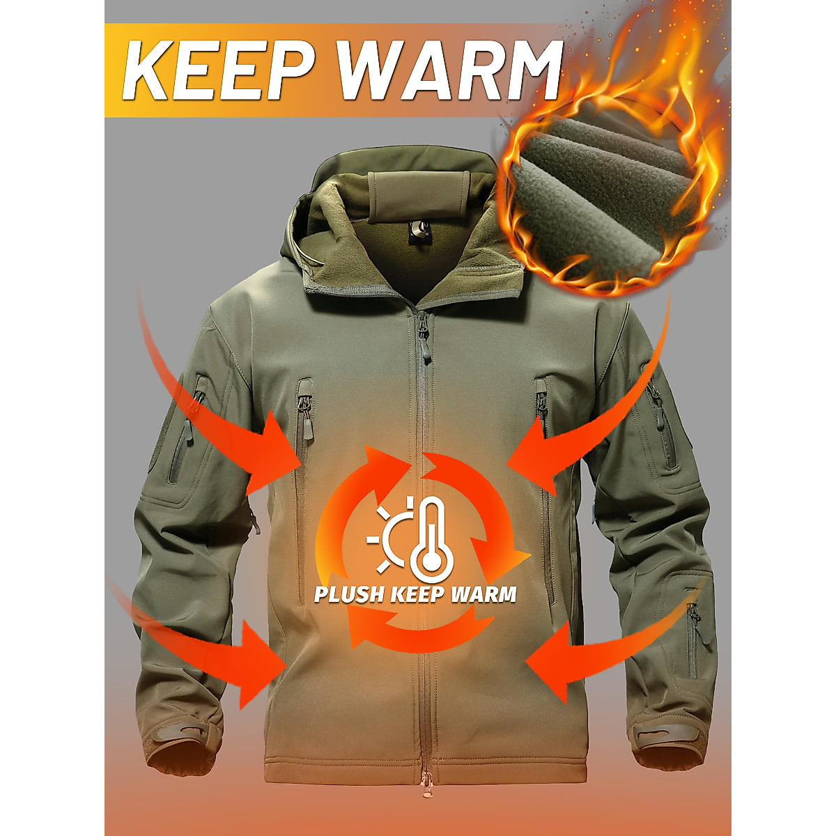 TACVASEN Men Windproof Softshell Tactical Hoodie Fleece Hunting Jacket Coat Army Green,US XL