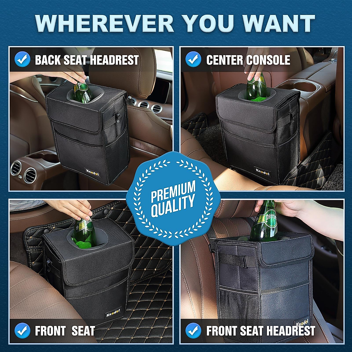 KNODEL Car Trash Can, Waterproof Garbage Can/Bag with Lid, 600D Leak-Proof Trash Bin, Car Trash Hanging (Medium, Black)