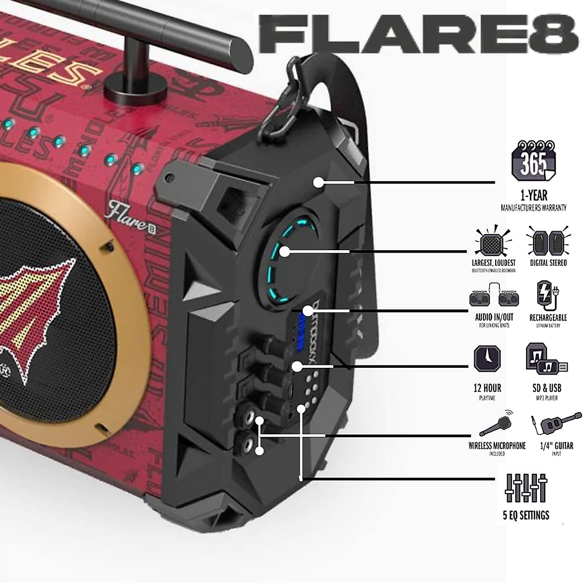 Bumpboxx Bluetooth Portable Speaker Boombox Flare8 NCAA LSU | Retro Boombox with Bluetooth Speaker | Rechargeable Lithium Battery | Includes Wireless Microphone, Carrying Strap & Remote Control