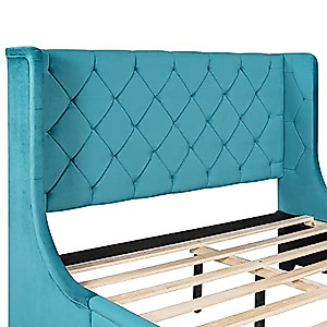 Livavege Queen Bed Frame with Wingback Headboard and Storage Drawers, Velvet Button Tufted Upholstered Platform w/Wooden Slats Support, Queen Size Bedframe No Box Spring Needed, Easy Assembly