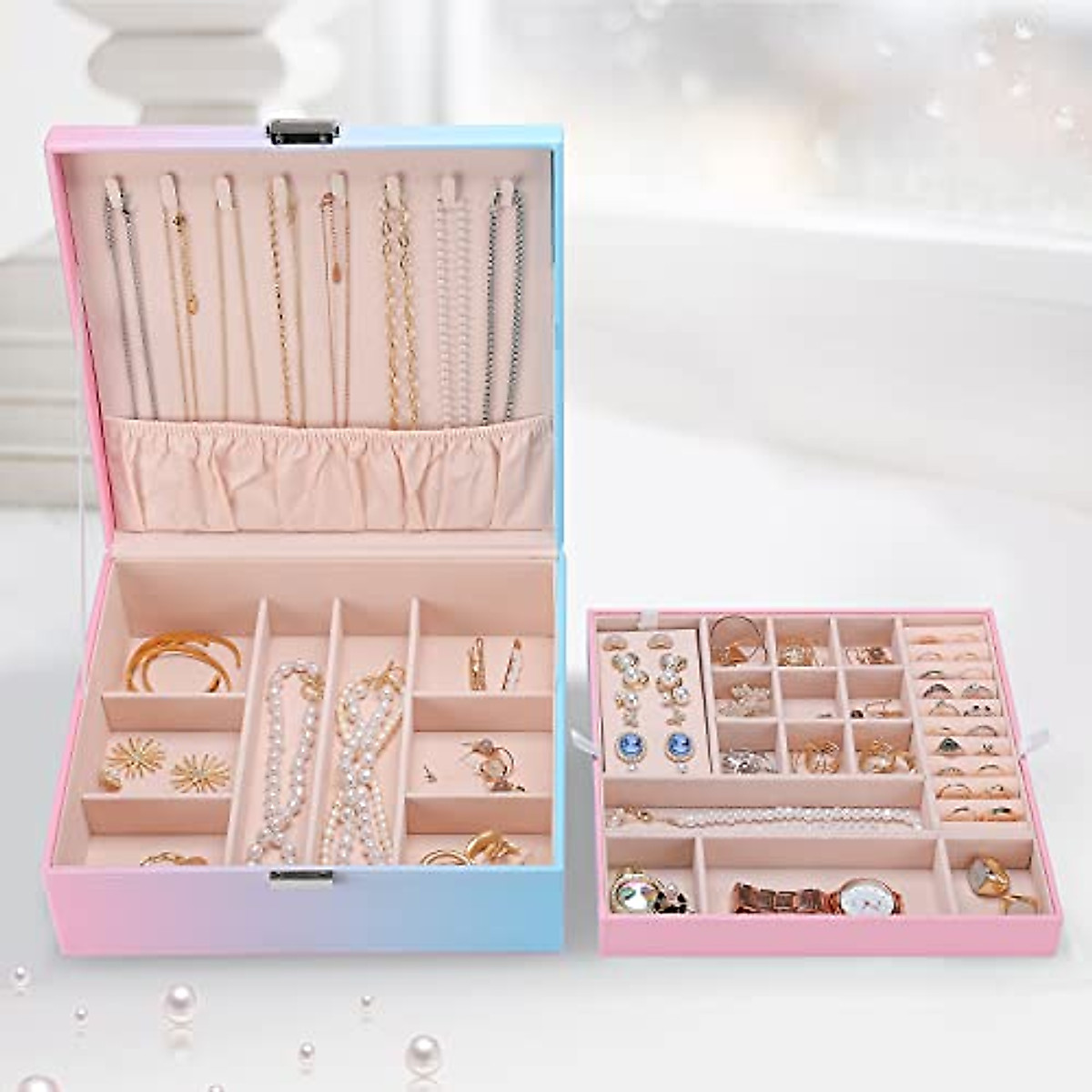 ProCase Jewelry Box for Women, 2 Layers Large Leather Jewelry Organizer Storage Case with Removable Pad for Earrings -Gradient