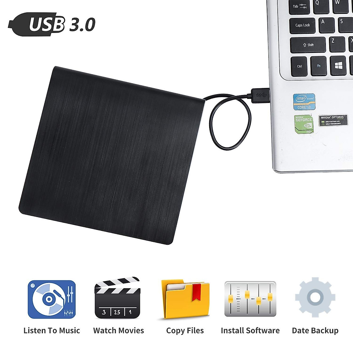 External CD/DVD Drive, USB 3.0 CD Player DVD Drive ROM +/-RW Optical Reader Writer Burner for Windows 10/8/7, Linux, Mac Laptop Desktop PC, MacBook Pro/ Air, iMac, Surface Pro (Black)