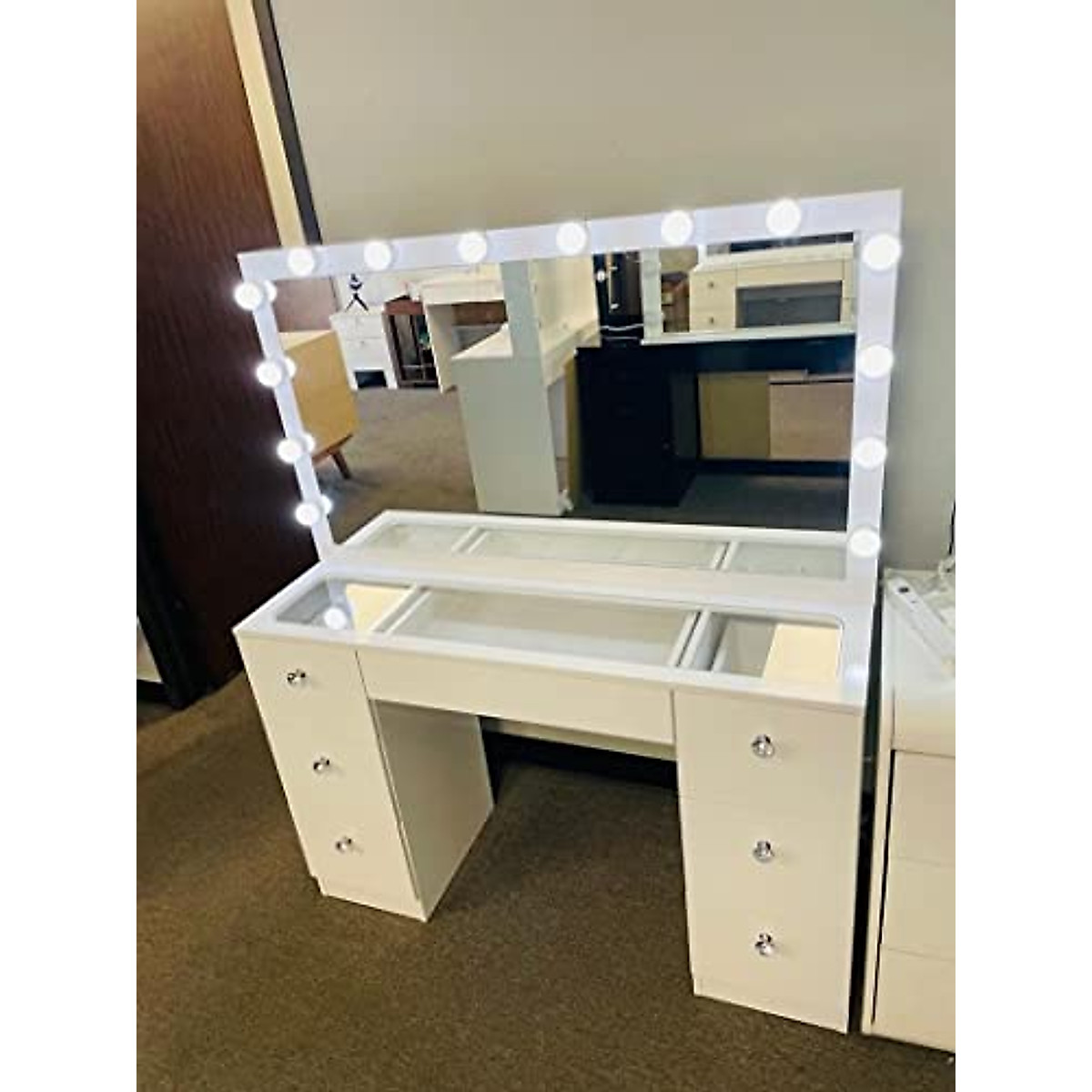 MSILVA 07 Drawers Glass top White Makeup Vanity with Mirror and Set of 14 led Lights Bulbs