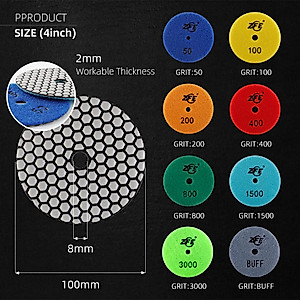 Diamond Polishing Pads, ZFE 9Pcs 4 Inch 100mm Dry Polishing Pads Set with 5/8”-11 Backing Plate for Granite Concrete Marble Quartz Stone Countertop Polishing