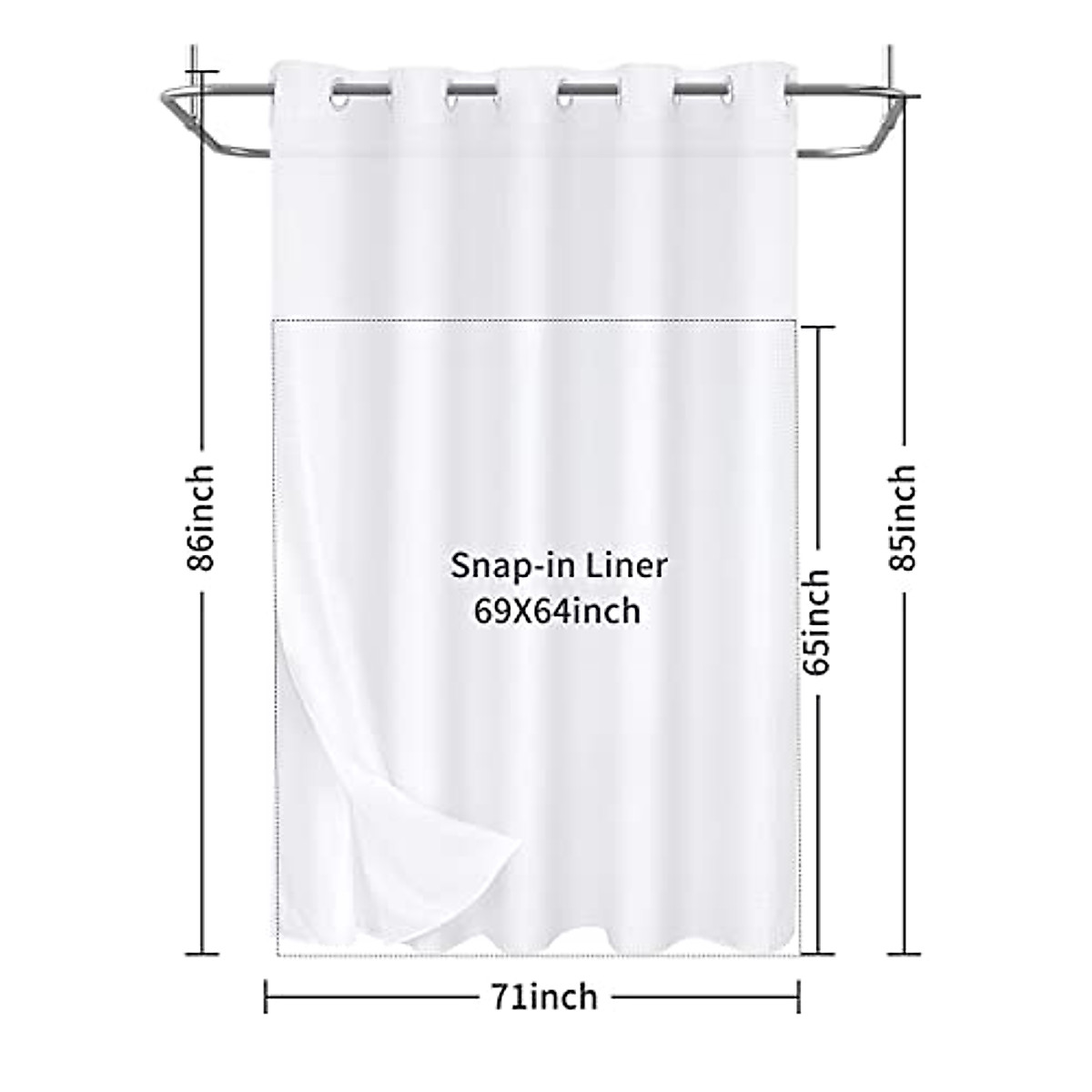 SUMGAR No Hook Shower Curtain Extral Long 71" x 86" White Waffle Weave Textured Fabric Cloth Hotel Luxury Simple Elegant Shower Curtains Set with Snap in Liner for Modern Farmhouse Bathroom
