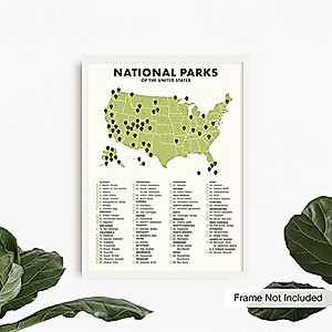 National Park Checklist and Map Wall Art Poster - 12” x 16” (UNFRAMED), Travel Wall Decor, Van Life and Cabin Decor, Bucket List Wall Art for Living Room, Bedroom, Apartment, Dorm, and More