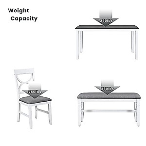 LUMISOL 6 Piece Dining Table Set Farmhouse Style Soild Wood Kitchen Dining Set with Chairs and Bench for 6 Persons, Rectangle Table with Upholstered Chair and Bench, Gray+White