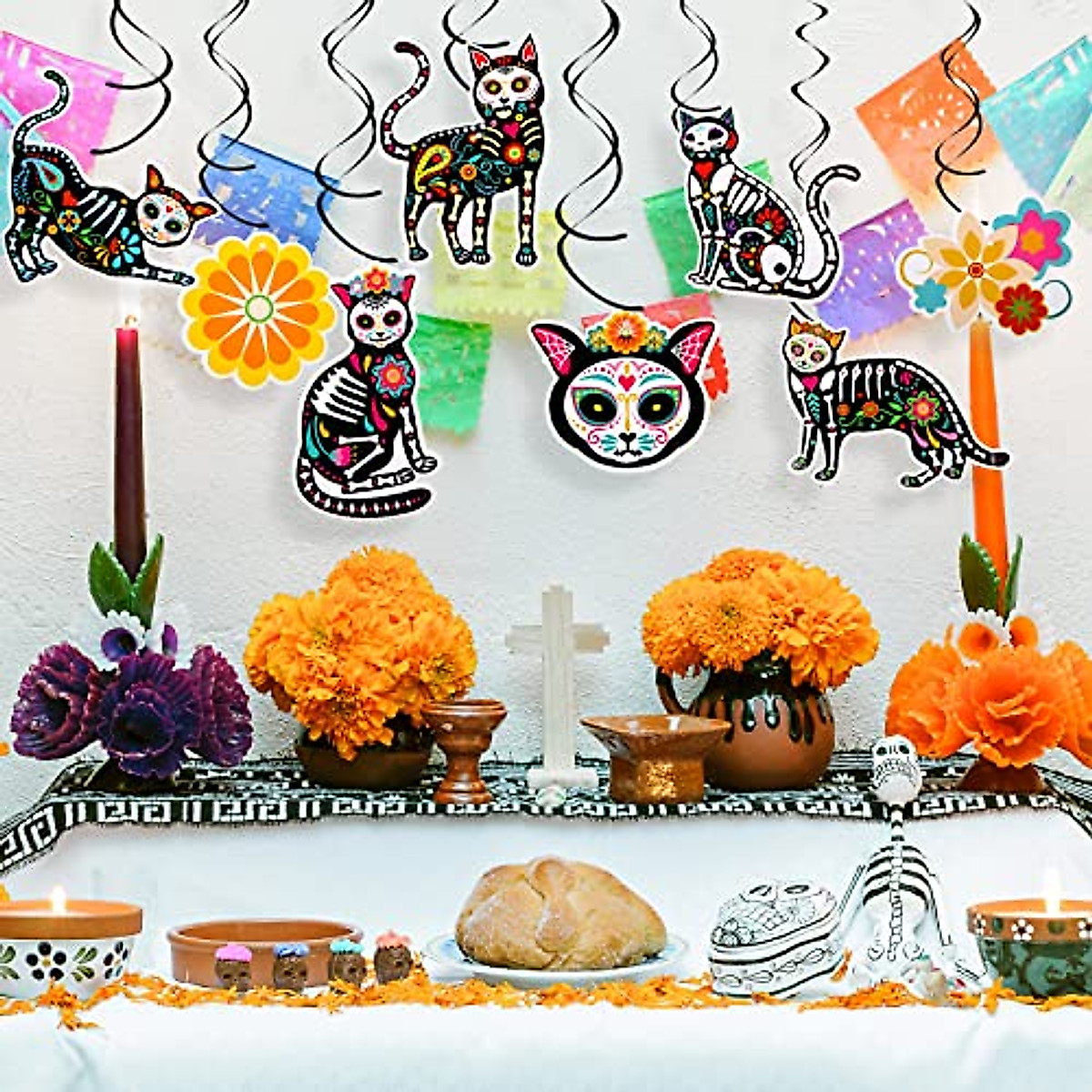 30 Pcs Day of The Dead Decorations Mexican Skeleton Cat Swirl Hanging Ornaments DIY Sugar Skeleton Cat Cutouts for Halloween Cinco De Mayo Dia De Muertos Party Supplies