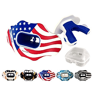 COOLLO SPORTS Lip Guard Mouthguard MAXX/Might Football and High Impact Sports Lip Protector for Adults & Youth (Strap Included) (American Flag -(Two Layers), with Case (Adult 8+))