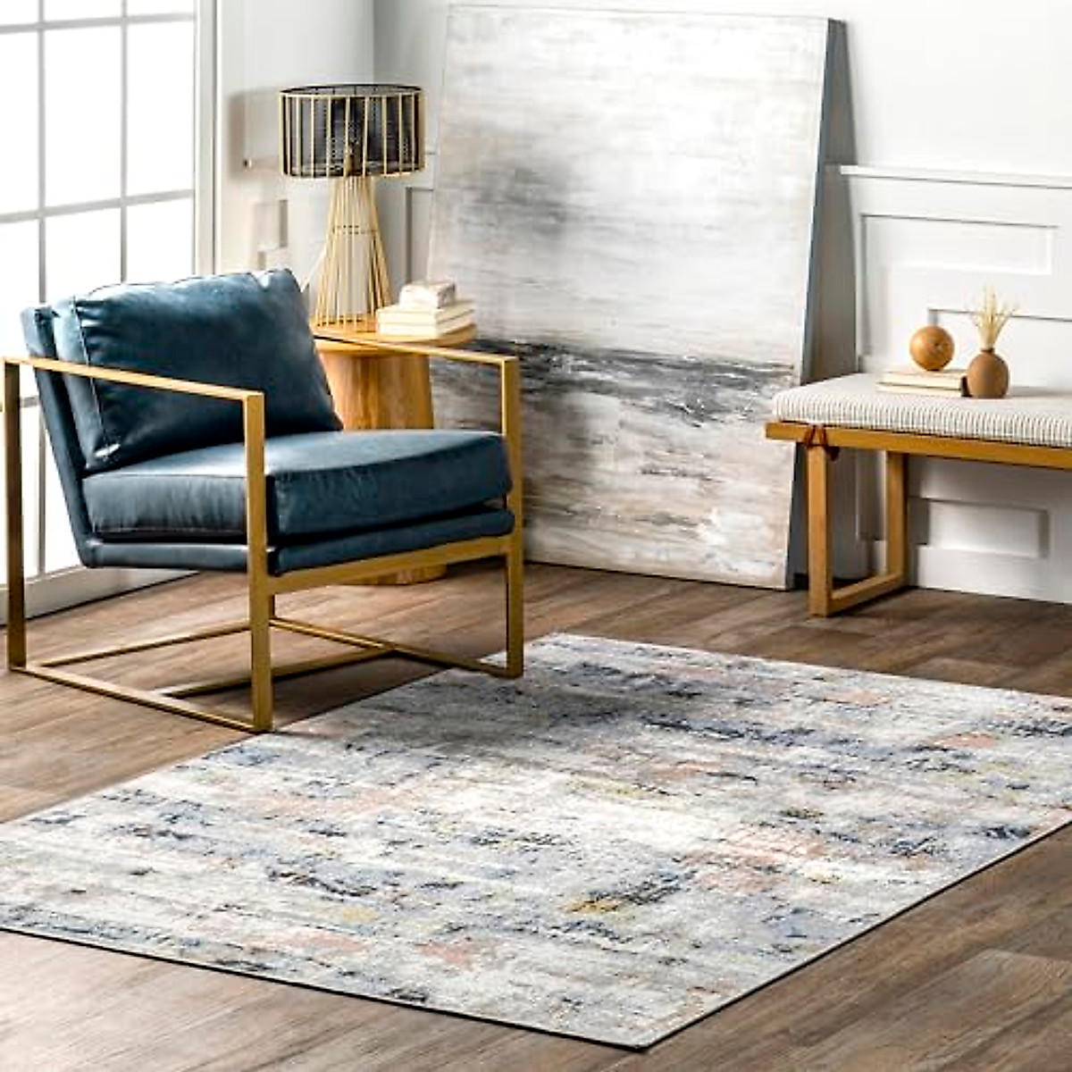 nuLOOM Aaliyah Abstract 5x8 Machine Washable Area Rug for Living Room Bedroom Dining Room Kitchen, Blue Multicolor/Ivory