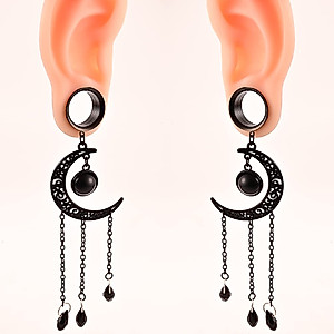 Maxbott 2PCS Fashion Black Chain Moon Earrings Plugs Tunnels Stainless Steel Pendant Ear Gauges Body Piercing Jewelry (14mm(9/16"), Black)