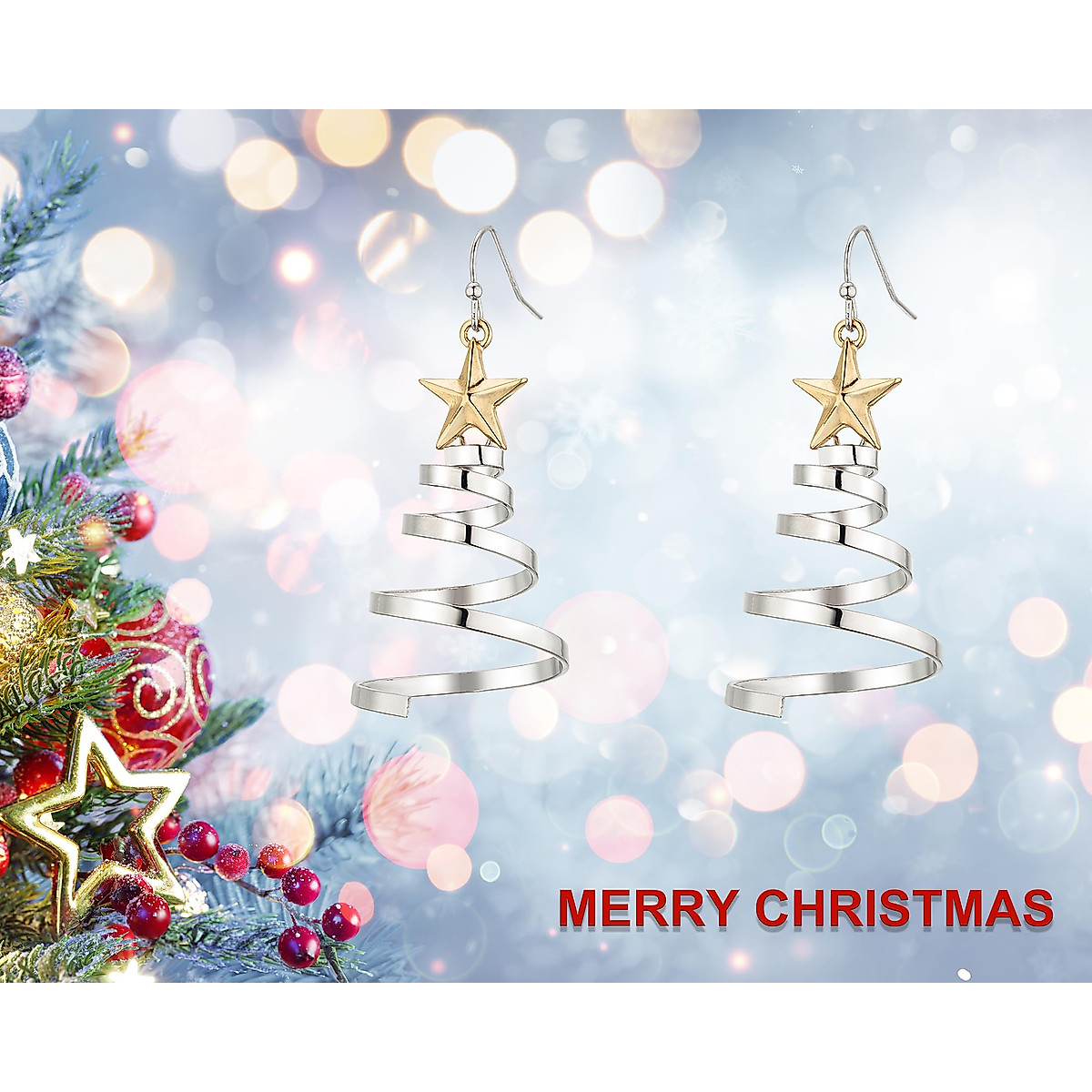 Handmade Christmas Tree Dangle Hoop Earrings Golden Silver Two Tone Women Holiday Gift, Thanksgiving Themed Earrings, Christmas Party Gift