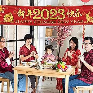 Chinese New Year Decorations 2023, 10 x 1.6 ft New Year Party Supplies, Large Happy Chinese New Year Banner, Year of the Rabbit Party Banner for Chinese Spring Festival Supply Outdoor Indoor Decor