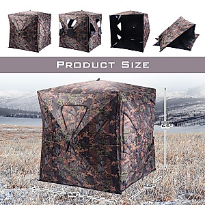 GYMAX Hunting Blind, 2-3 People Pop Up Ground Blind Tent, 360 Degree See Through for Deer,Turkey, Portable Durable Hunting Tent with Mesh Window, Hub System & Carry Bag, Camo Ground Blinds