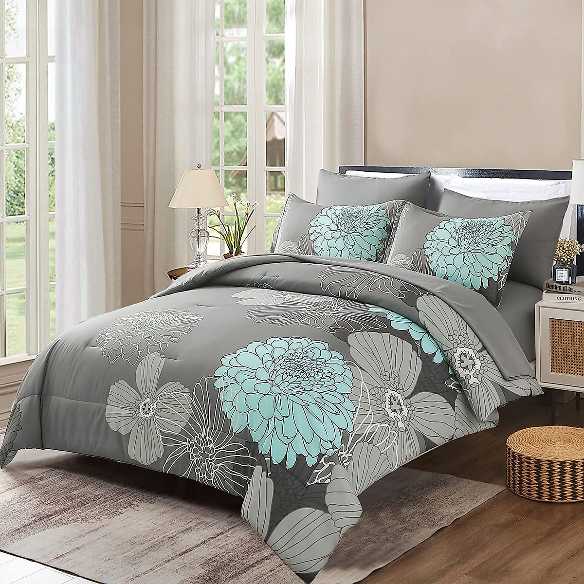 Yiran 7 Pieces Bed in a Bag Floral Comforter Set Queen Flowers Bedding Set Soft Microfiber Comforter Sets with 1 Comforter 1 Flat Sheet 1 Fitted Sheet 2 Pillowshams and 2 Pillowcases