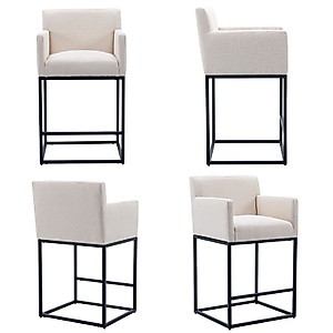 Modern Counter Height Bar Stools Set of 2, Linen Fabric Upholstered Bar Stools with Backs, 26 Inch Kitchen Island Stools with Black Metal Frame, Cream