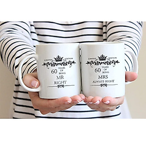 WOHR 60th Anniversary Mugs for Couple 60th Wedding Gifts for Parents Anniversary Couple Mugs Set 60th Couples Mugs Gag Gift Ideas for Wife Husband Ceramic Coffee Cups Mr Mrs 11oz 2-pack