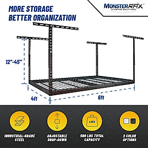 MonsterRax Overhead Garage Storage Racks 4x6, Ceiling Mounted Shelving, Adjustable Hanging Storage Organizer, Heavy Duty Steel, Holds 500 Pounds, Color: Hammertone, Adjusts 12"-21” off Ceiling