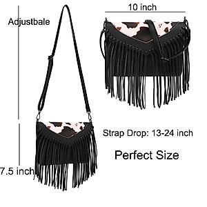 ZOVYRON Western Fringe Crossbody Purse, Boho Cow Print Bag Small Leather Fringe Purse Leopard Tassel Fringe Shoulder Bag for Women