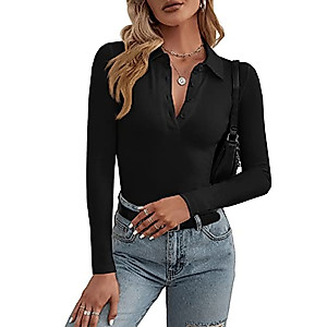 Verdusa Women's Casual Polo Neck Long Sleeve Ribbed Knit Button Up Tee T Shirt Top Black S
