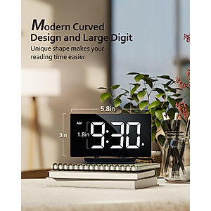 GOLOZA Digital Alarm Clock for Bedroom, Digital Clock with Modern Curved Design, Conspicuous White LED Numbers, 5 Levels Brightness+Off, 2 Volume, 3 Alarm Tones, Snooze,Power-Off Memory,12/24H