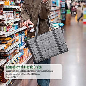 VENO 2 Pack Extra Large Reusable Grocery Bag, Premium Quality, Shopping Cart Bag, Storage Box, Heavy Duty, Hard Bottom, Collapsible, Utility Tote, Trunk Organizer (Black/Windowpane, XL set of 2)