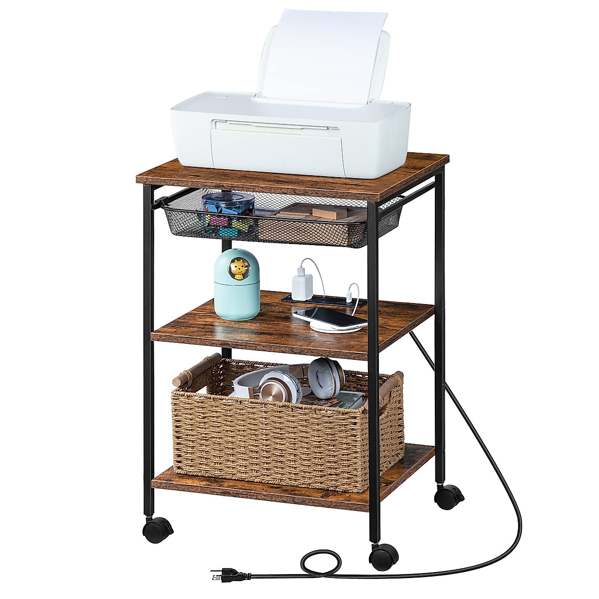 HOOBRO Printer Stand, 3 Tier Printer Cart with power outlet and USB Port, Industrial Printer Table Rolling Cart with Storage Drawer on Wheels, for Home Office, Rustic Brown and Black BF23UPS01