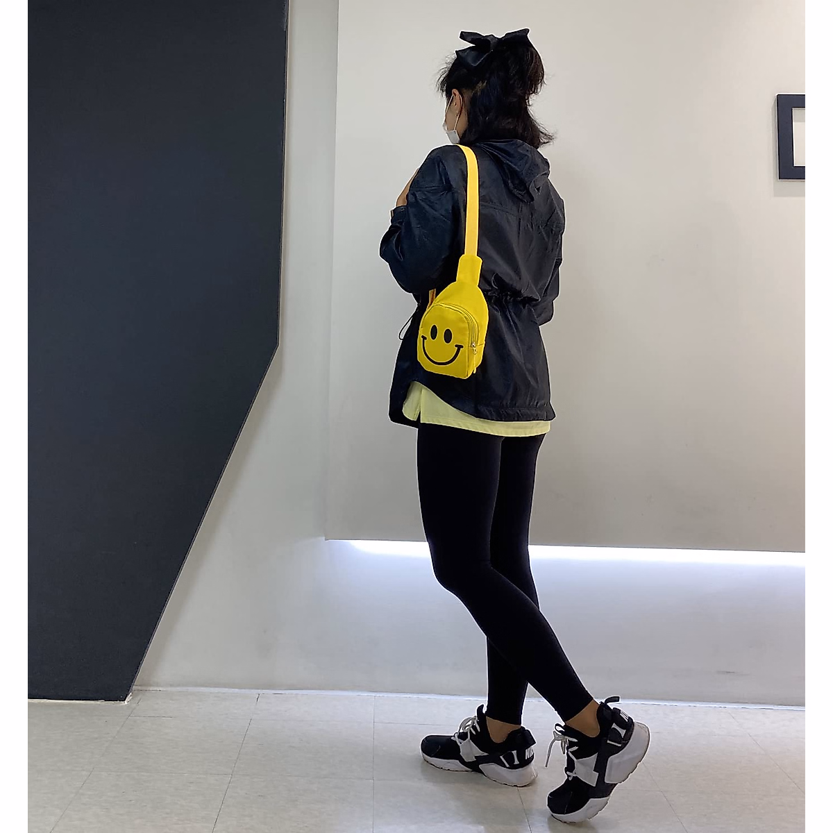 HOLAWIT Happy Face Fun Design Phone Holder Cute Sling Bag Positive Smile Crossbody Backpack for Kids Hiking Daypack Multipurpose Cross Body Chest Bag - Black