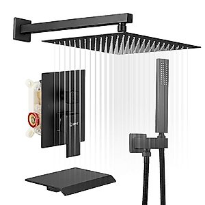 BWE 12 Inch Black Shower System Faucet Waterfall Tub Complete with Matte Spout Set Square Luxury Rain Mixer Pressure Balancing 3-Function Wall Mount Rainfall Rough-in Valve Body and Trim Included