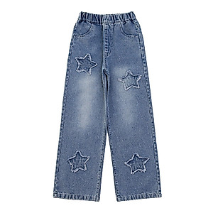 FLOWERKIDS Kids Girls Jeans Elastic Print Casual Baggy Denim Pants Straight Wide Leg Jeans Age 4-14 Years (12-13 Years, Blue - Star Print)