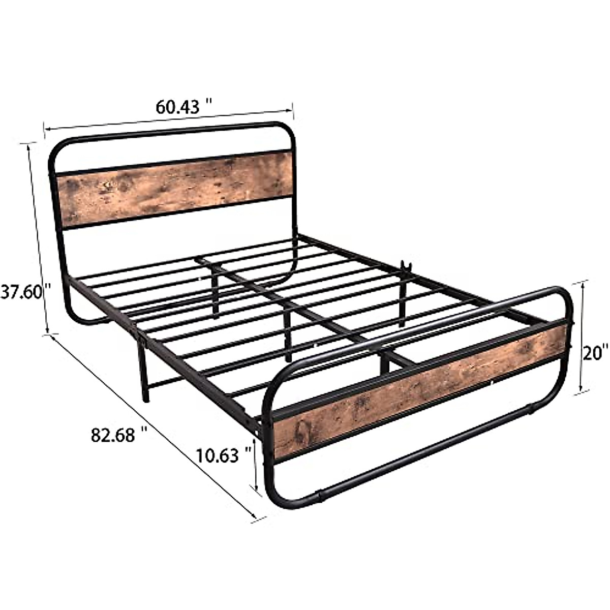 Albearing Queen Size Bed Frame with Wooden Headboard and Footboard, Heavy Duty Oval-Shaped Platform Bed with Under-Bed Storage, Steel Slats Mattress Foundation Round Pipe Design，Brown