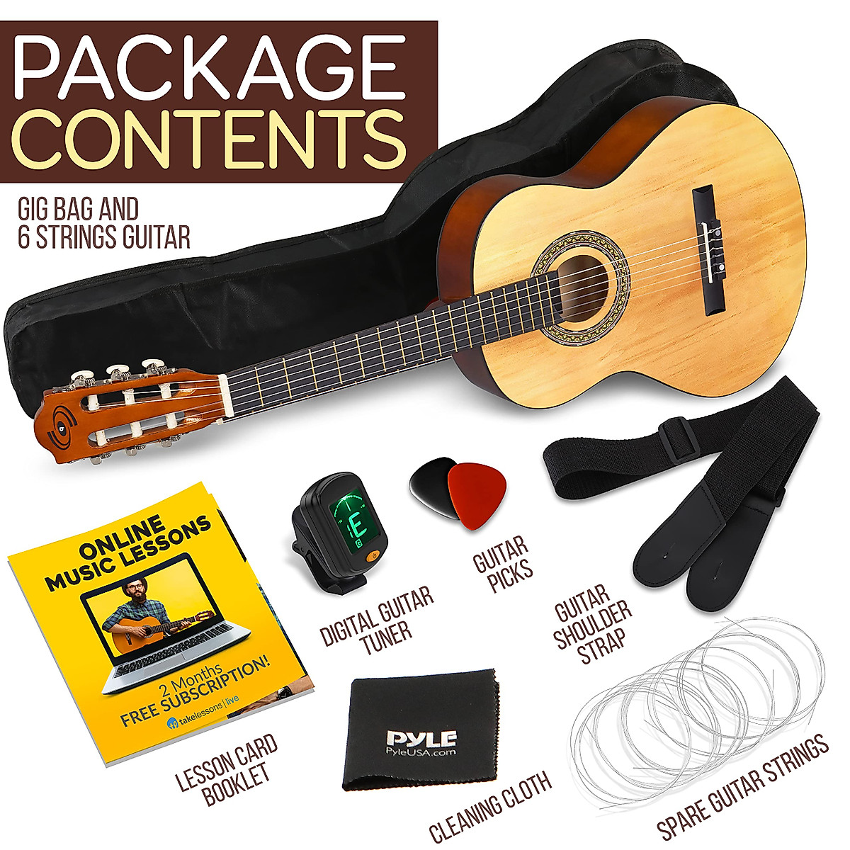 Pyle Beginner Acoustic Guitar Kit, 3/4 Junior Size All Wood Instrument for Kids, Adults, 36" Natural Ash