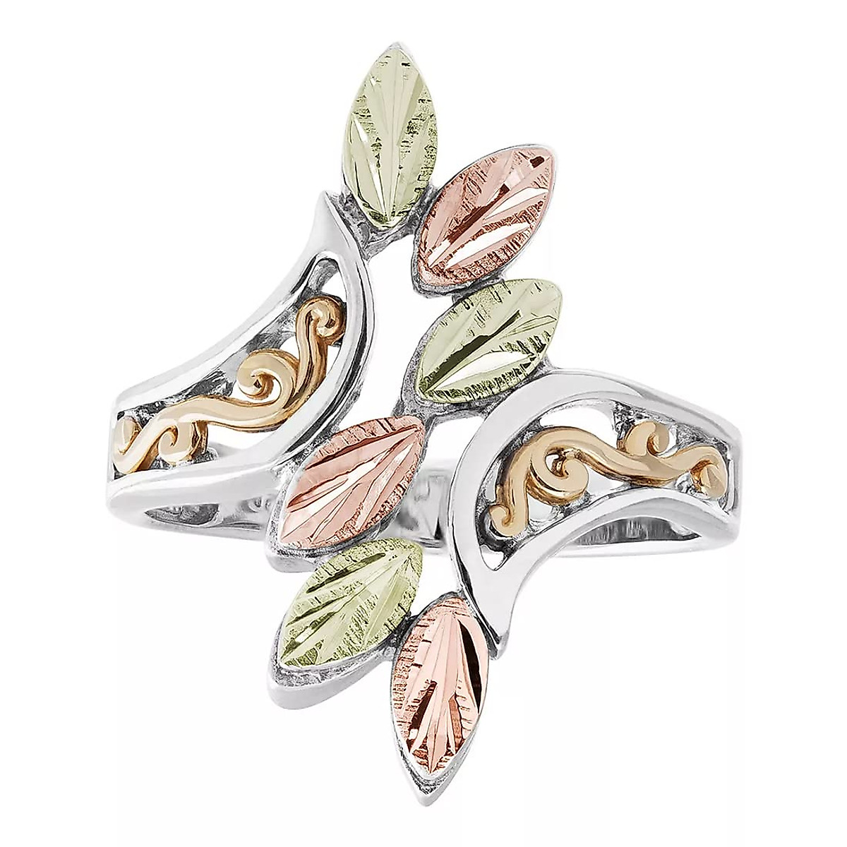 Fancy Bypass Scrollwork Ring, 10k Yellow Gold, Sterling Silver, 12k Green and Rose Gold Black Hills Gold Motif, Size 7