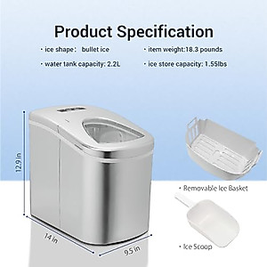Countertop Ice Maker, Chewable Pebble Portable Ice Maker Machine, 9 Cubes Ready in 6 Mins, 26lbs/24H, Self-Cleaning Ice Machine with Ice Scoop and Basket, for Home Kitchen Office Bar Party