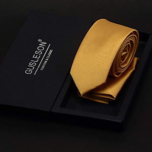 GUSLESON 2.4" Slim Necktie and Handkerchief Set For Men Solid Skinny Tie Brooch Set (Goldenrod)