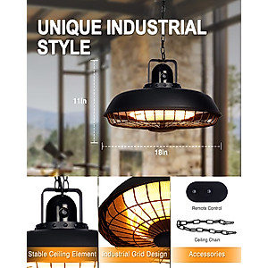 Star Patio Electric Patio Heater, Outdoor Ceiling Heater With Remote Control & Touch Switch, 700/800/1500W Hanging Patio Heater With UFO Shape Sandy Black, Infrared Heater, IP44 Waterproof, STP2036-B