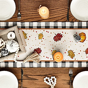 Artoid Mode Buffalo Plaid Gnome Pumpkin Maple Leaves Fall Table Runner, Autumn Kitchen Dining Table Decoration for Indoor Outdoor Home Party 13x72 Inch