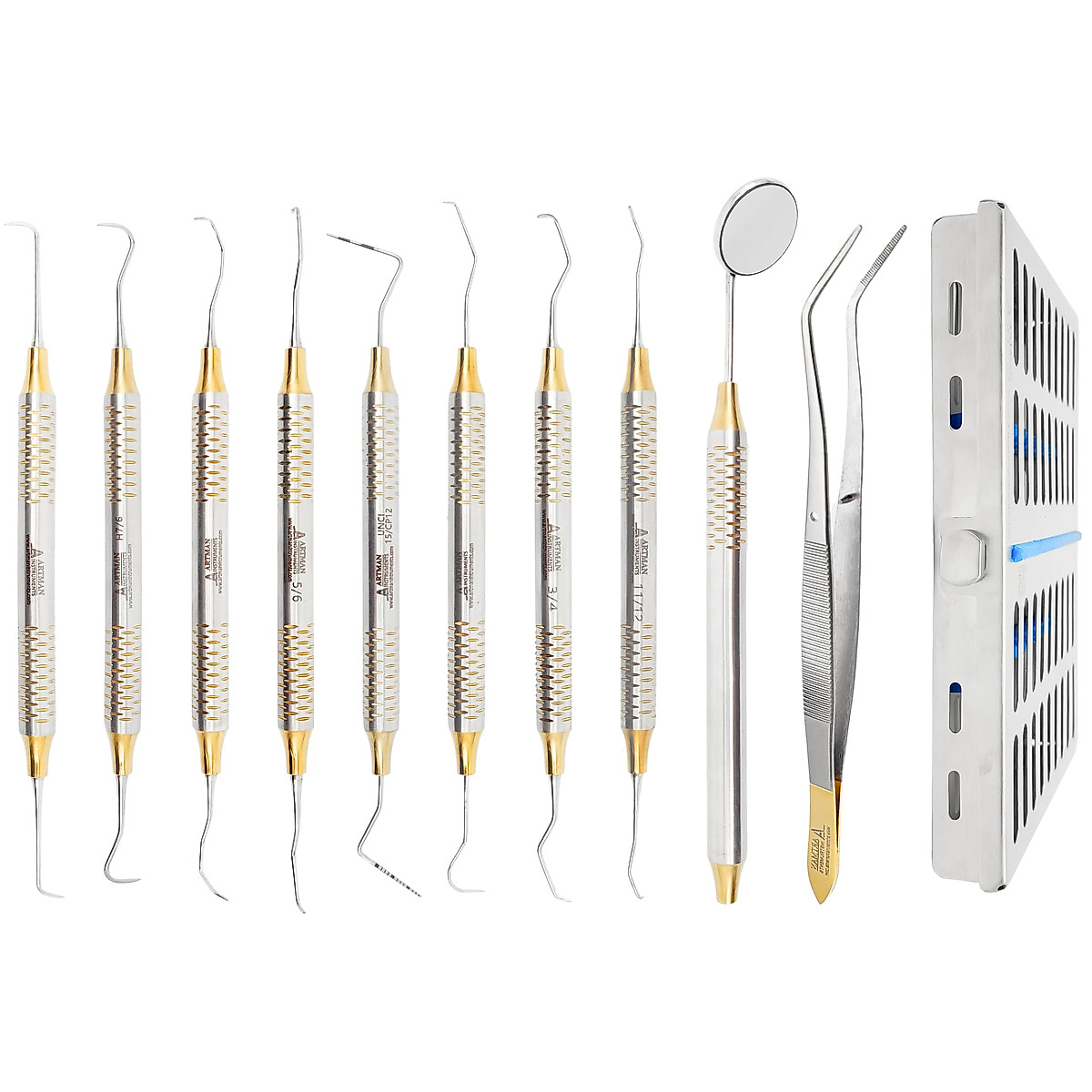 ARTMAN INSTRUMENTS Dental Hygienist Tool Kit (10 PCs) – Includes Mirror, Probe, Tweezer, Scalers, Pocket Probe, Curettes – Prophylaxis Teeth Cleaning Set, Autoclavable, with Sterilization Cassette