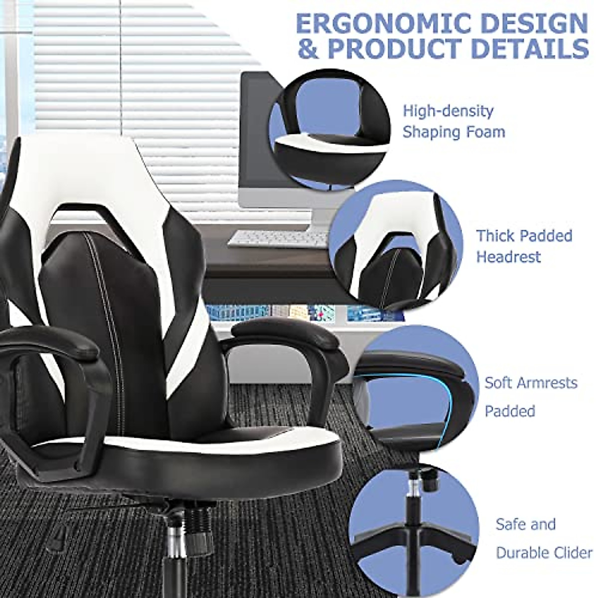 Office Chair, Ergonomic High Back Computer Chair Height Adjustable Desk Chair Faux PU Leather Chair with Armrest Padded and Lumbar Support, White