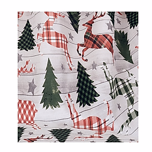 Newbridge Merry Reindeer Prance Country Rustic Christmas Fabric Tablecloth, Fun Cottage Reindeer and Xmas Tree Plaid Easy Care Holiday Tablecloth, 52” x 52” Square