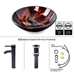 Puluomis Artistic Vessel Sink Bathroom Tempered Glass Vanity Round Bowl with Oil Rubber Bronze Faucet and Pop up drain Combo, Flame Red