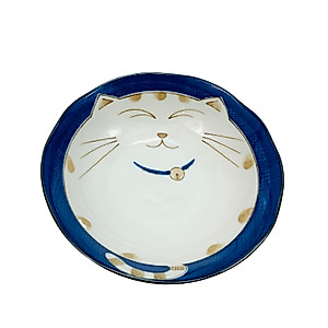 JapanBargain 2562, Japanese Porcelain Shallow Soup Bowl for Dinner Lunch Rice Poke Donburi Udon Ramen Noodle Pasta Cereal Maneki Neko Lucky Cat Pattern for Cat Lovers Made in Japan, 6.75-inch, Blue