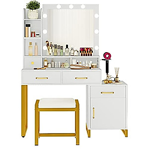 DWVO 41.2inch Makeup Vanity with Mirror and Lights, Vanity with Lights and Drawers, Vanity Mirror with Lights and Table Set, 3 Color Adjustable Lighting Brightness & Power Outlet, White