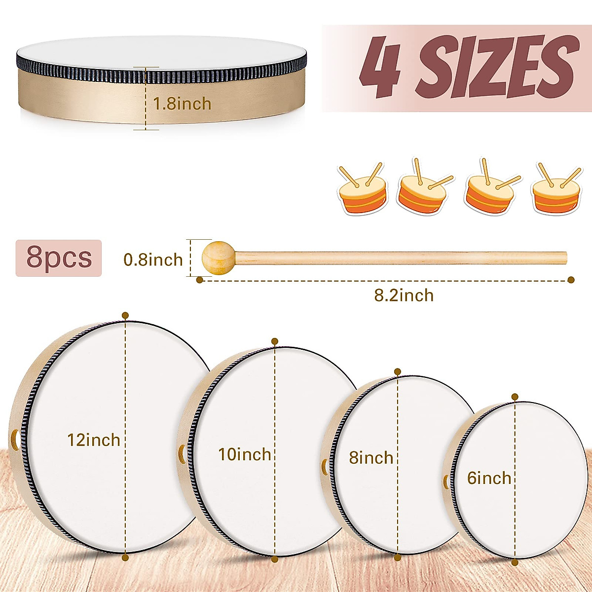 Konohan 8 Pieces Kids Hand Drums Wooden Frame Drum with Drum Stick, 12 Inch 10 Inch 8 Inch 6 Inch Educational Musical Instruments for Adults Drums Beginners for Home School Party Supplies, 2 Colors
