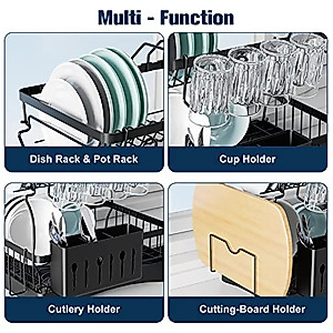 Aonee Dish Drying Rack, 2 Tier Dish Rack with Water Locking Function Drainboard, Pot Rack, Cutlery Holder, Cutting-Board Holder and Cup Holder, Rust-Proof Metal Large Dish Racks