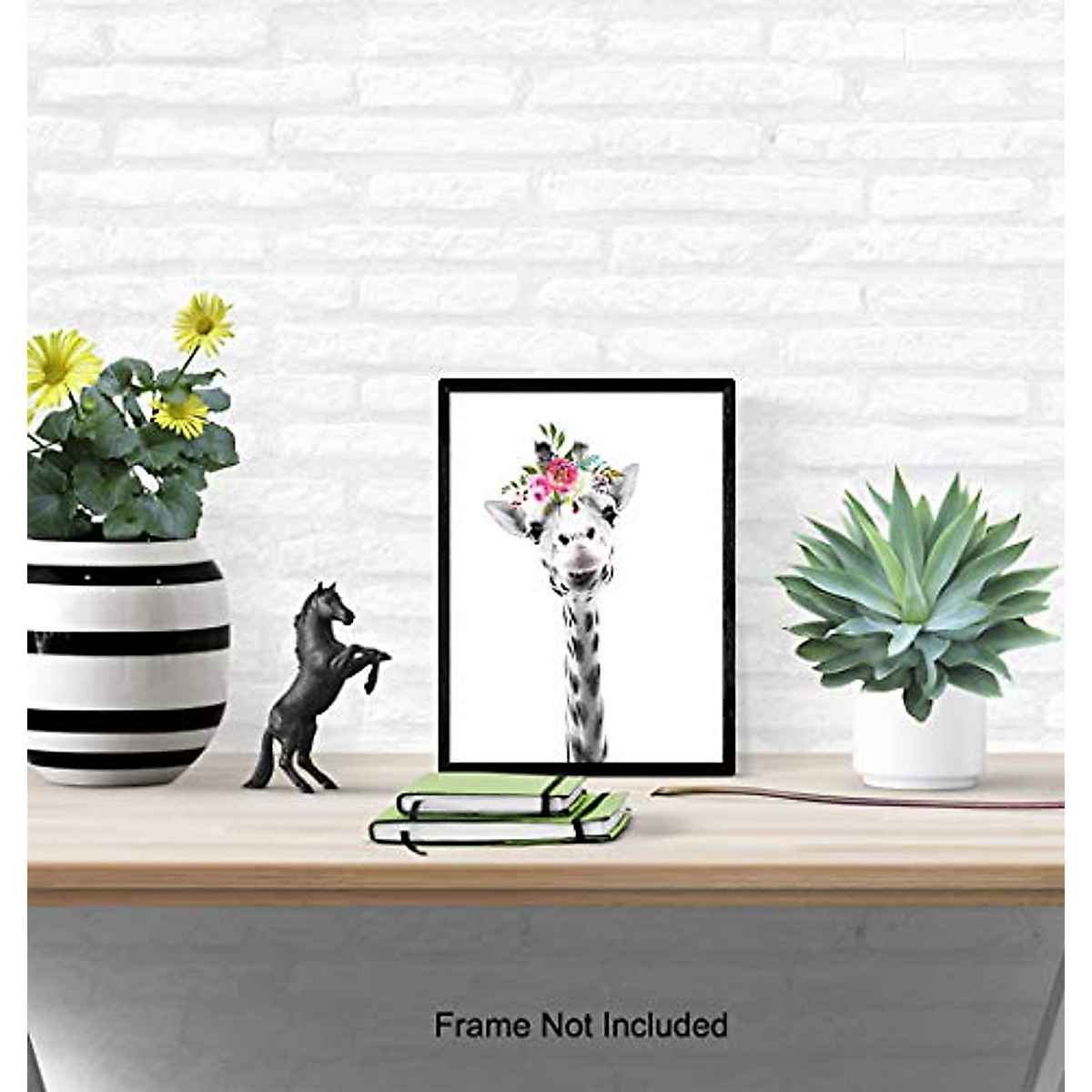 Baby Giraffe Wall Decor Print - Flower Crown Jungle Animals Wall Art Decoration for Girls Bedroom, Kids Room, Nursery - Cute Gift - Boho Shabby Chic Picture - 8x10 UNFRAMED Photo Poster