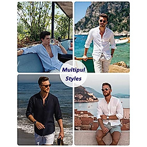 COOFANDY Men Fashion Banded Collar Linen Shirts Button-up Yoga Shirts(Black, Large)