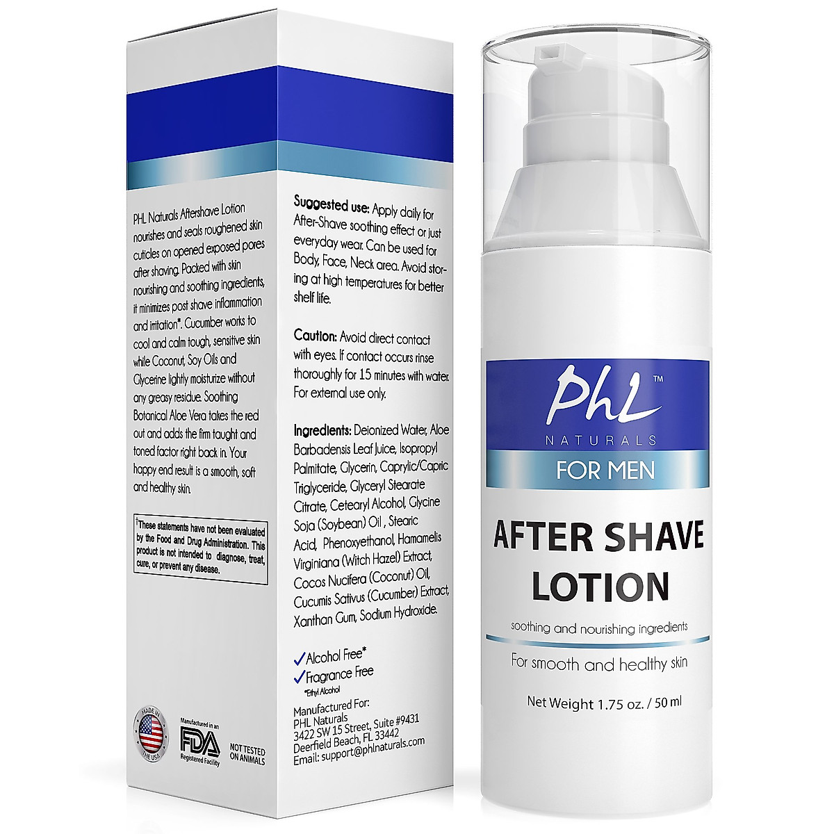 PHL Naturals Unscented Aftershave for Men, After Shave Lotion - Soothes, Moisturizes, Repairs Skin & Prevents Razor Burn, Smooth Soft Finish, 1.75 oz / 51.7 ml